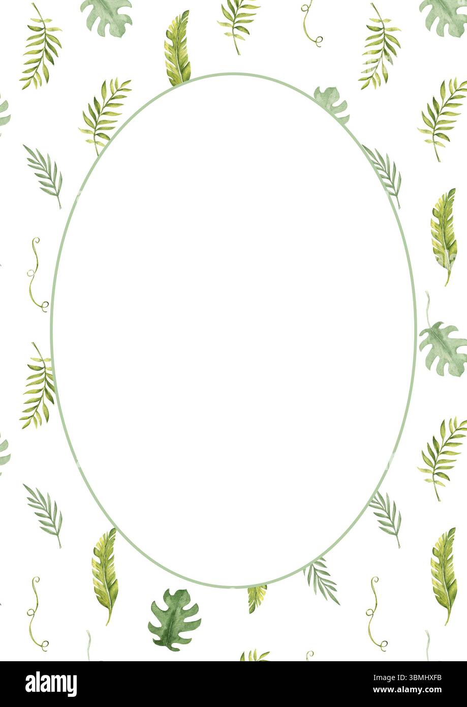 Watercolor Card template with tropical leaves pattern. Circular summer ...
