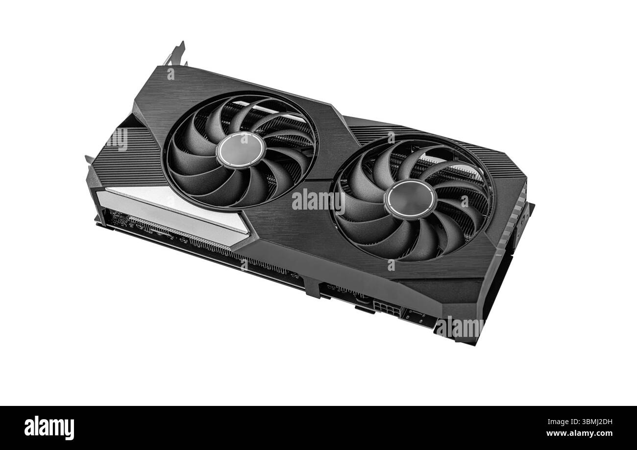 High-performance black dual-fan graphics card isolated on a white ...