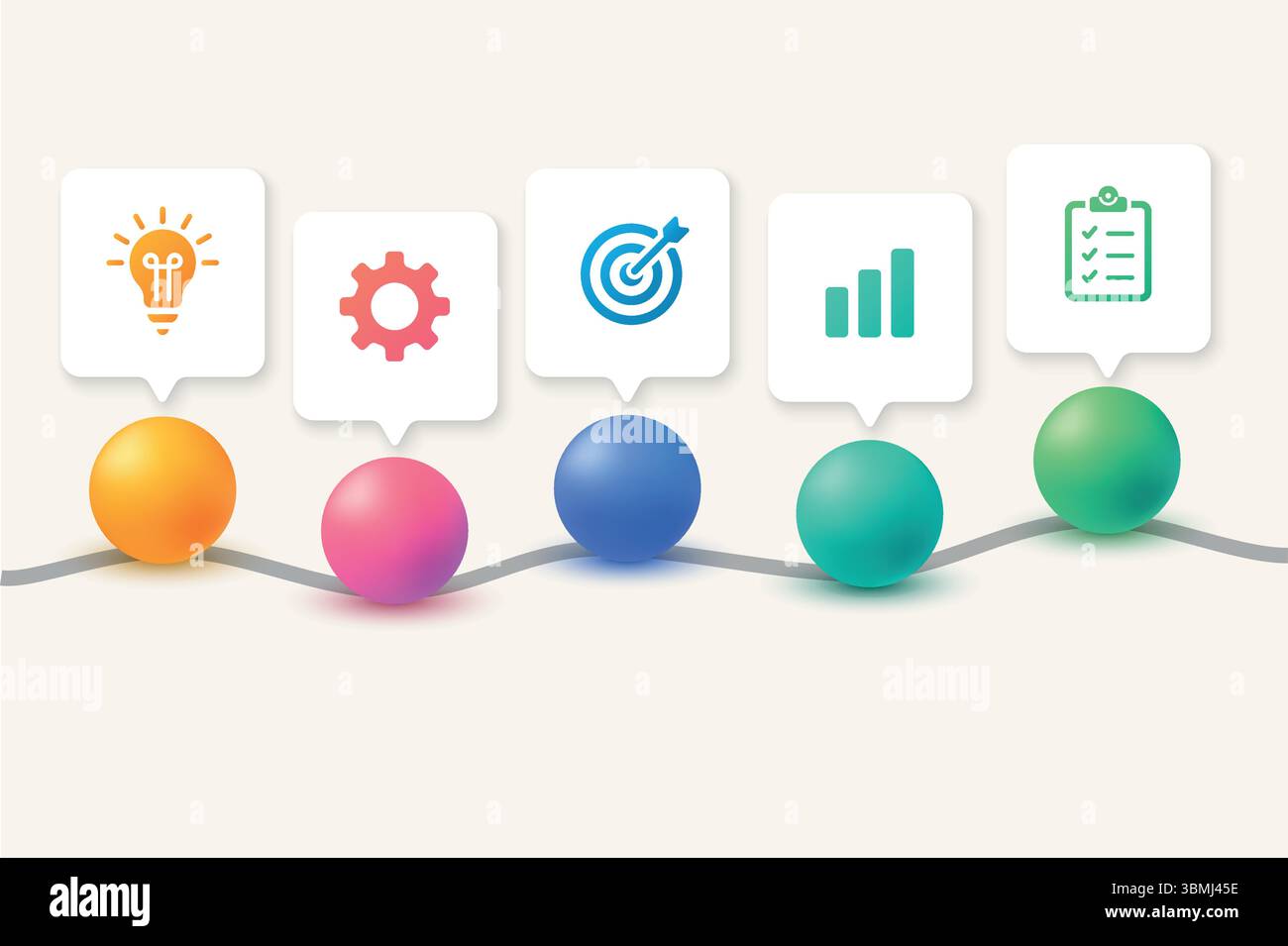 Curved path with spheres and icons showing stages of a process Stock ...