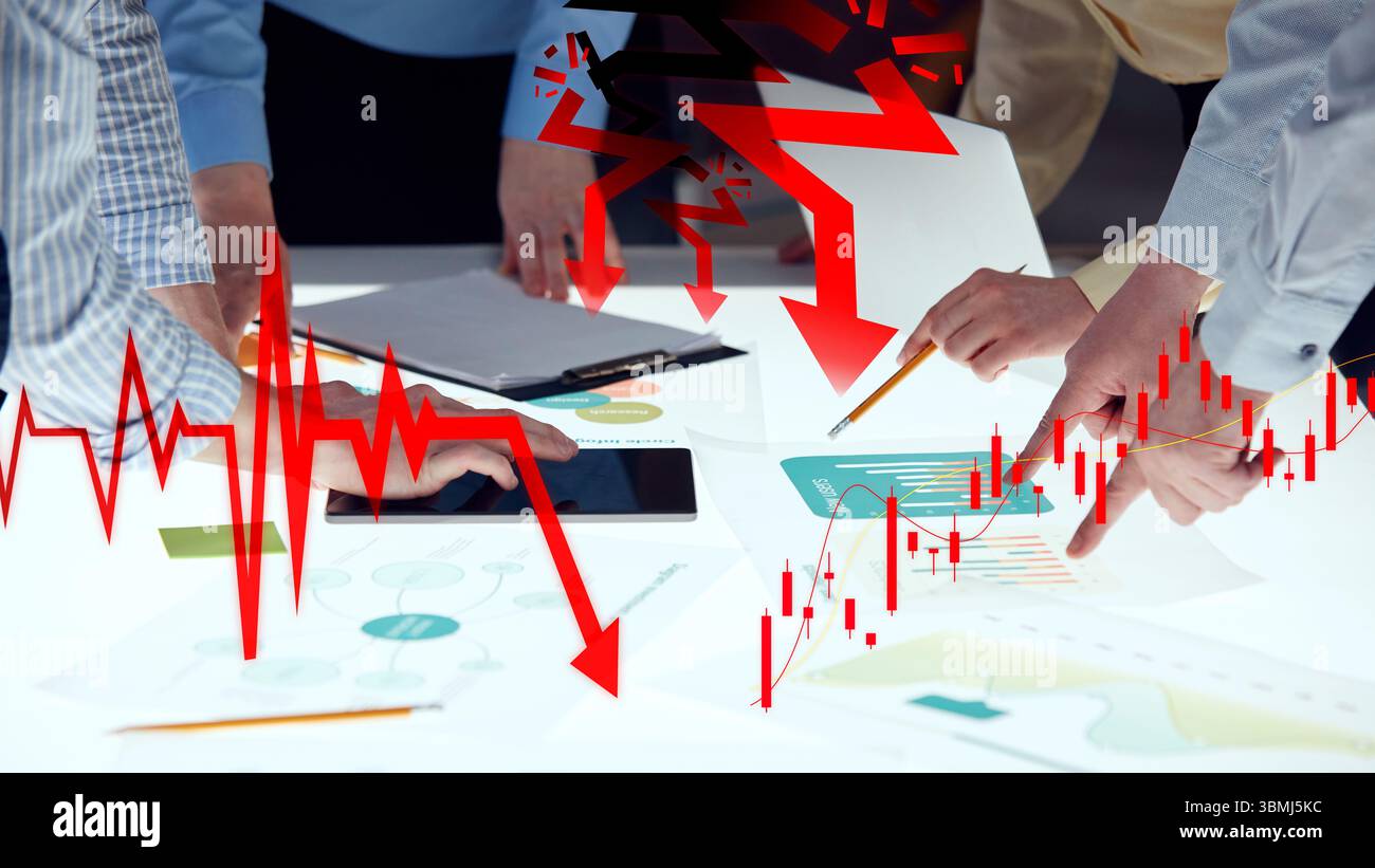 Sharp financial downturn with red broken arrows and business charts ...