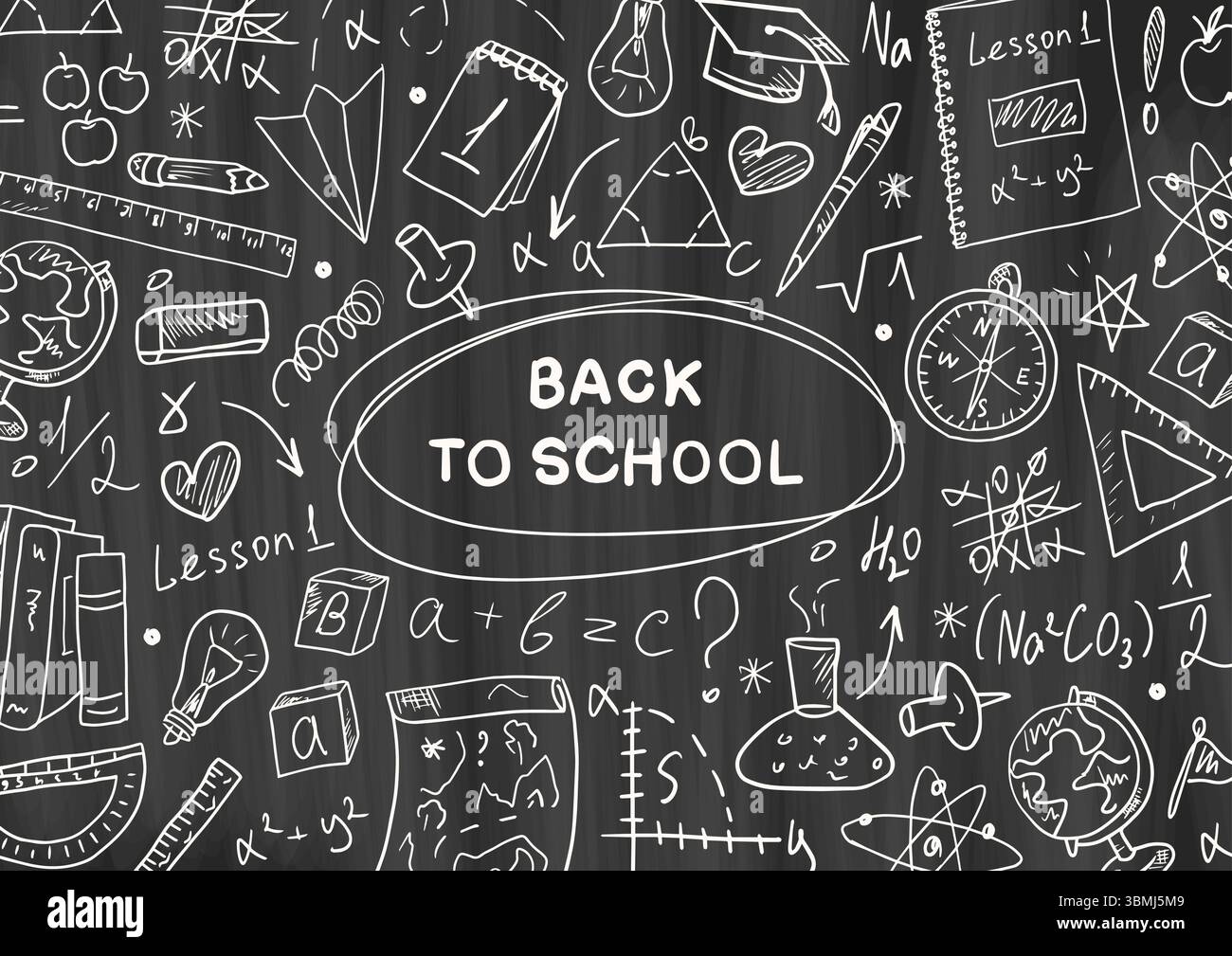 Back to School chalkboard with hand-drawn school supplies. Chalkboard ...