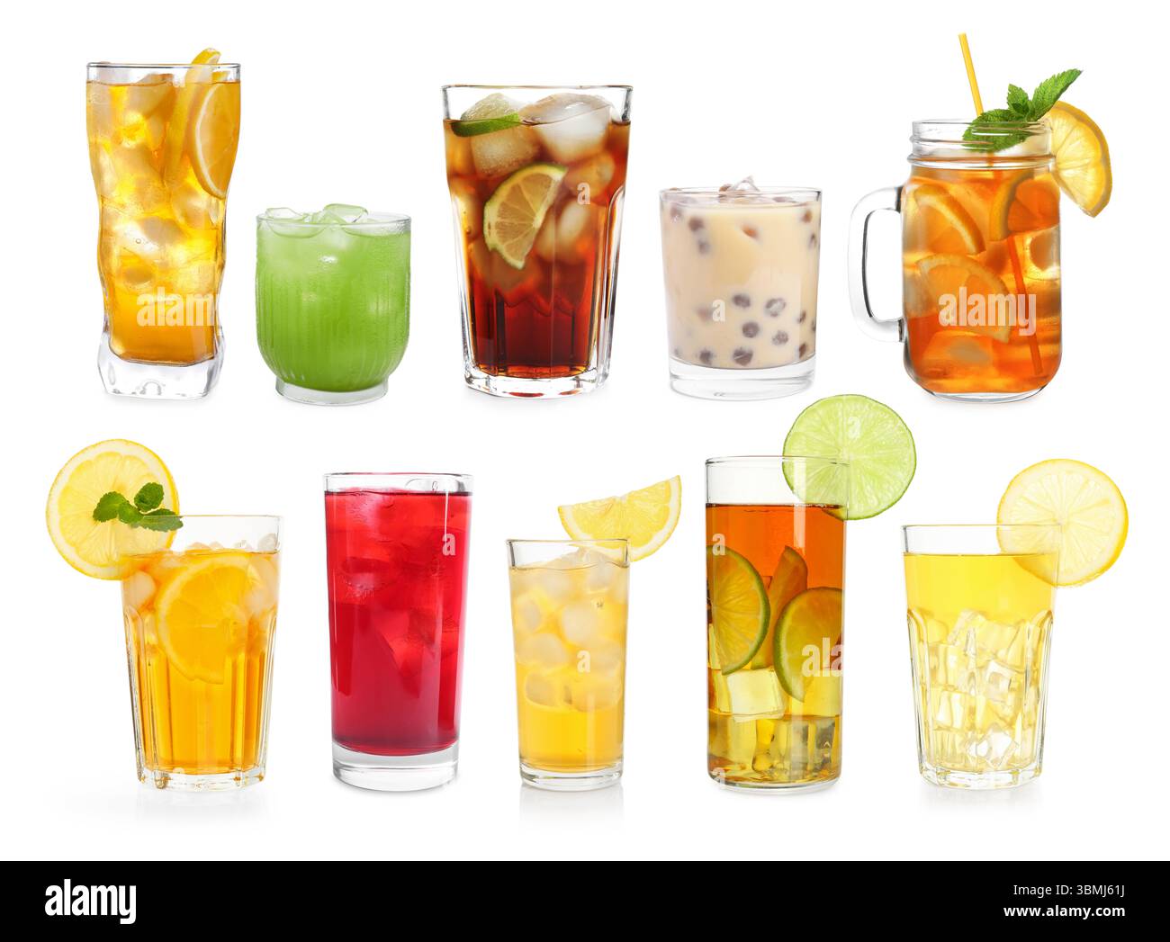 Iced tea. Different types of drinks in glasses isolated on white, set ...