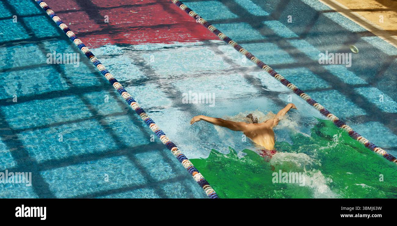 Swimmer in pool with Italian flag beneath. National identity in sport ...