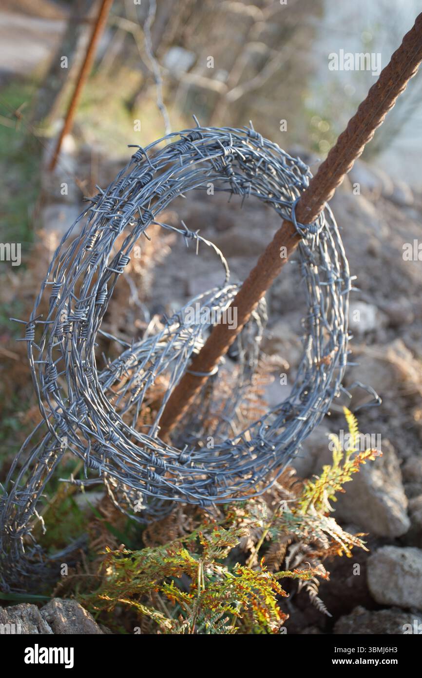 Metal Barbed Wire Coil Outdoors Stock Photo - Alamy