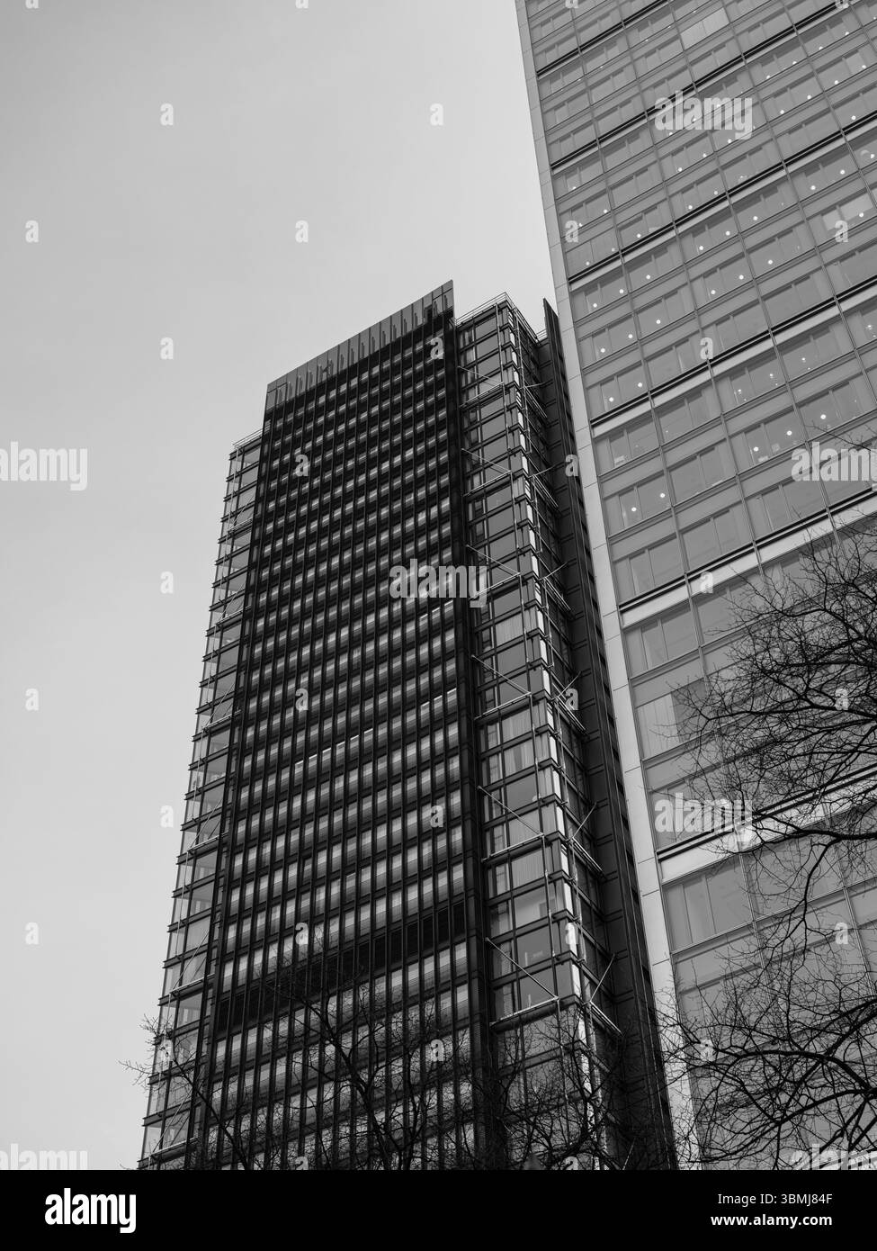 United Kingdom, London, 04 Jul 2025. Black and white view of two modern office skyscrapers in ...