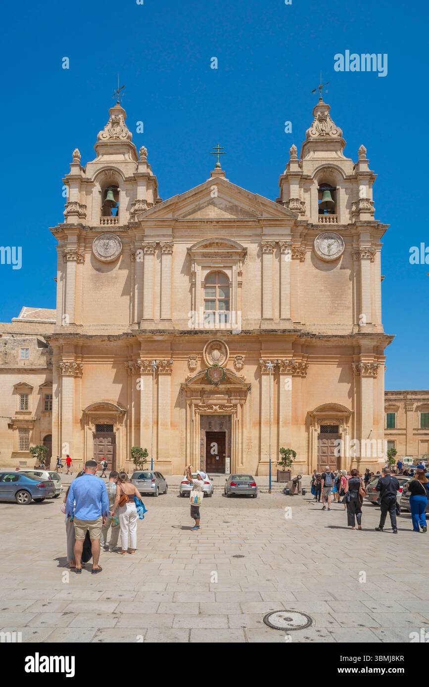 Mdina cathedral, view of the baroque facade of St Paul's Cathedral ...
