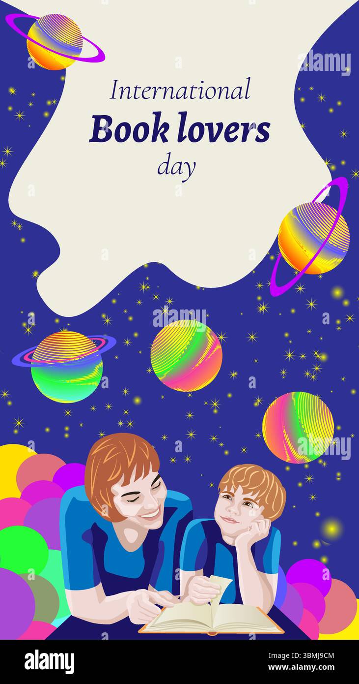 Mother and son reading book. Magical starry sky with colorful planets ...