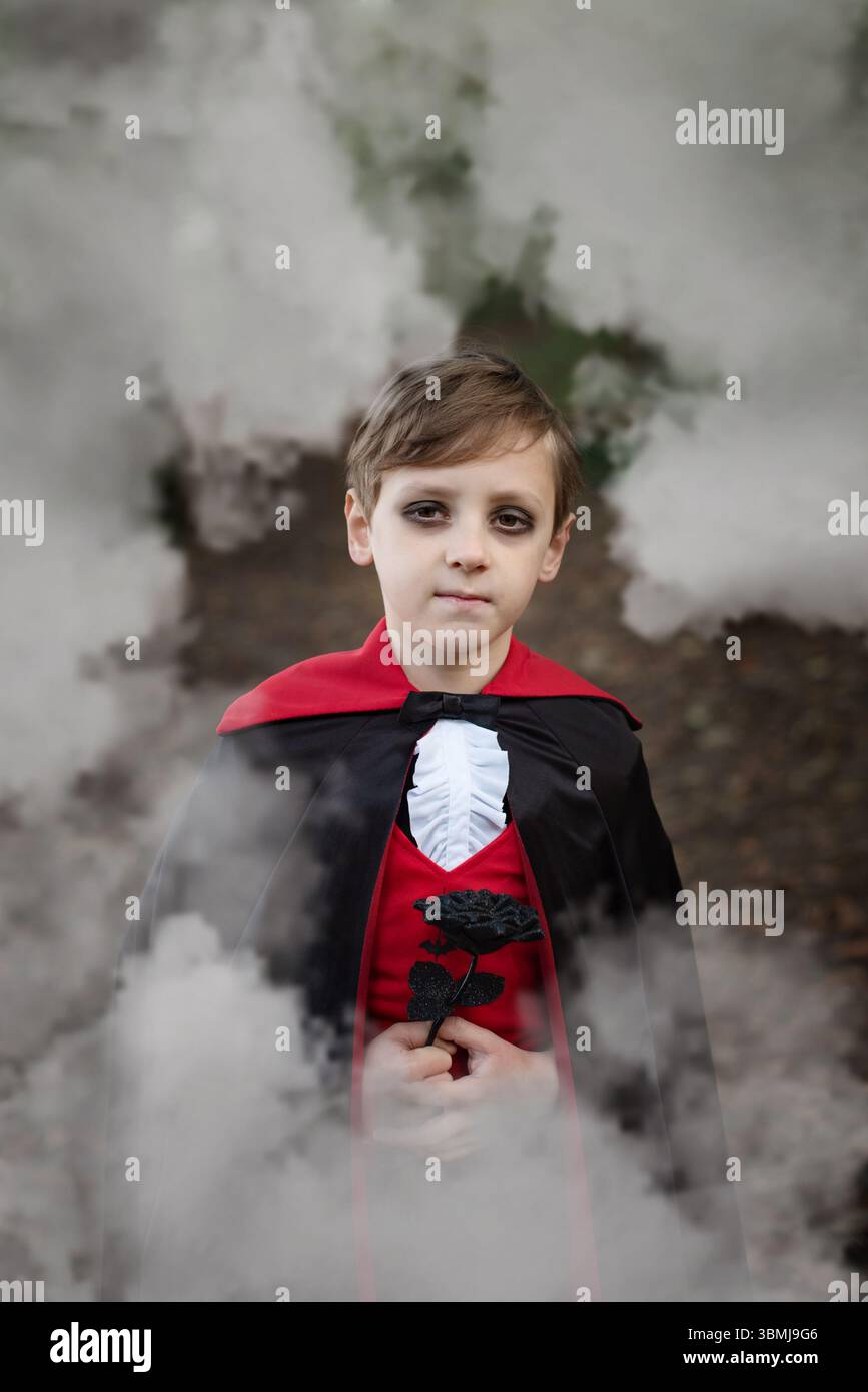 Boy in vampire costume with black rose and smoke effect. Halloween ...