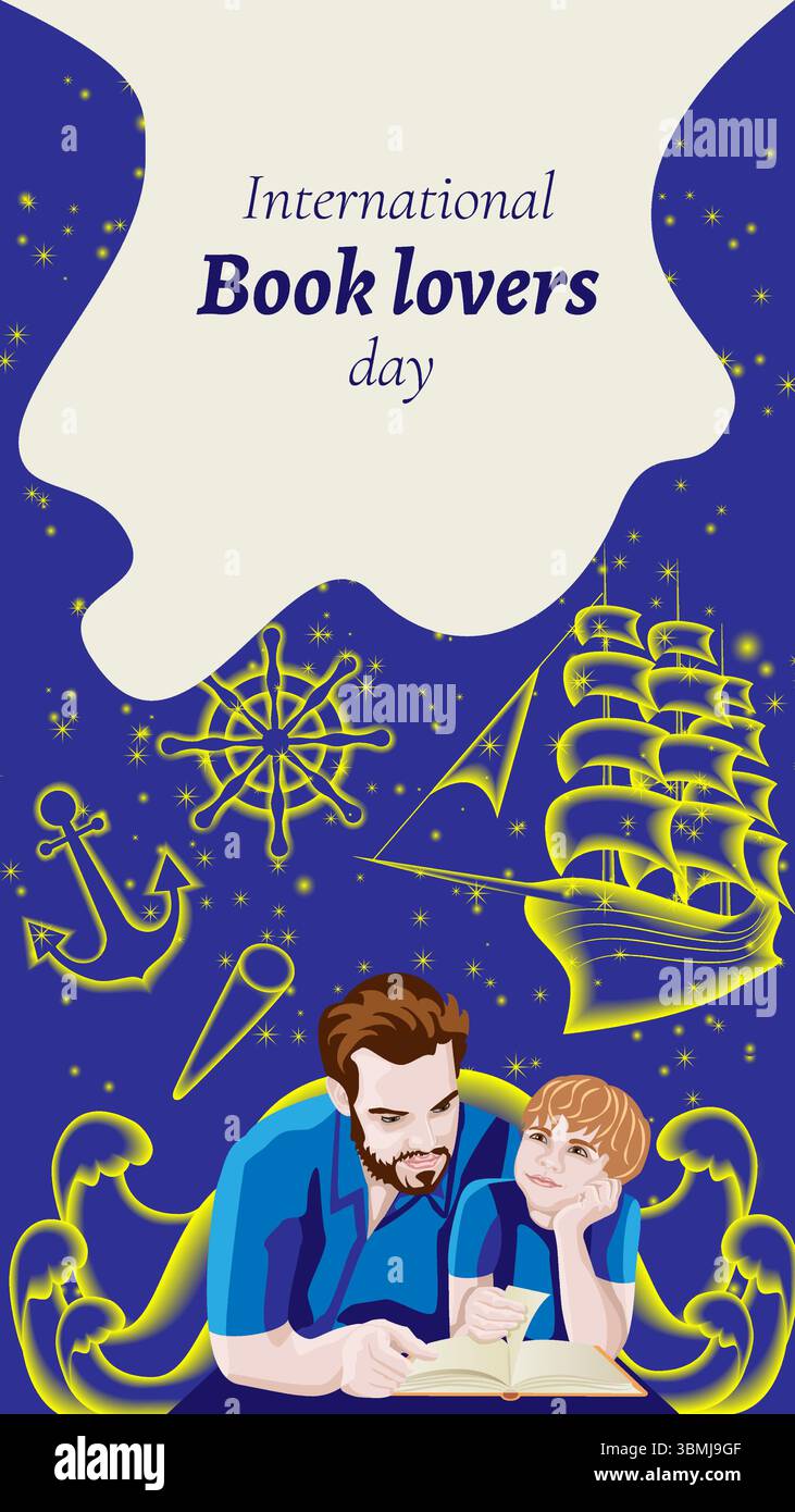 Father and son reading book. Magical starry sky with sea adventure ...