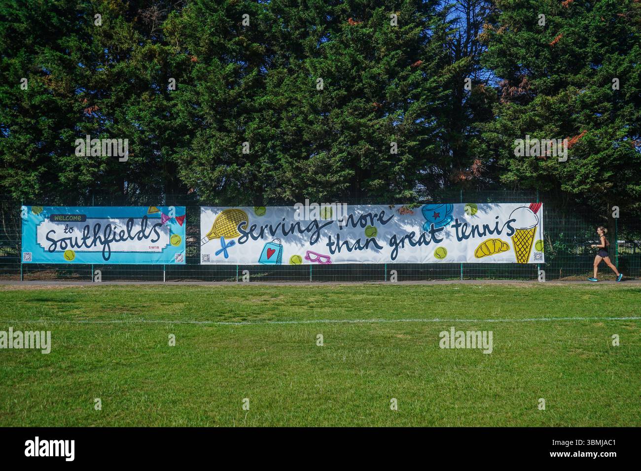 London, UK. 27 June 2025. A large hoarding is placed in Wimbledon Park ...