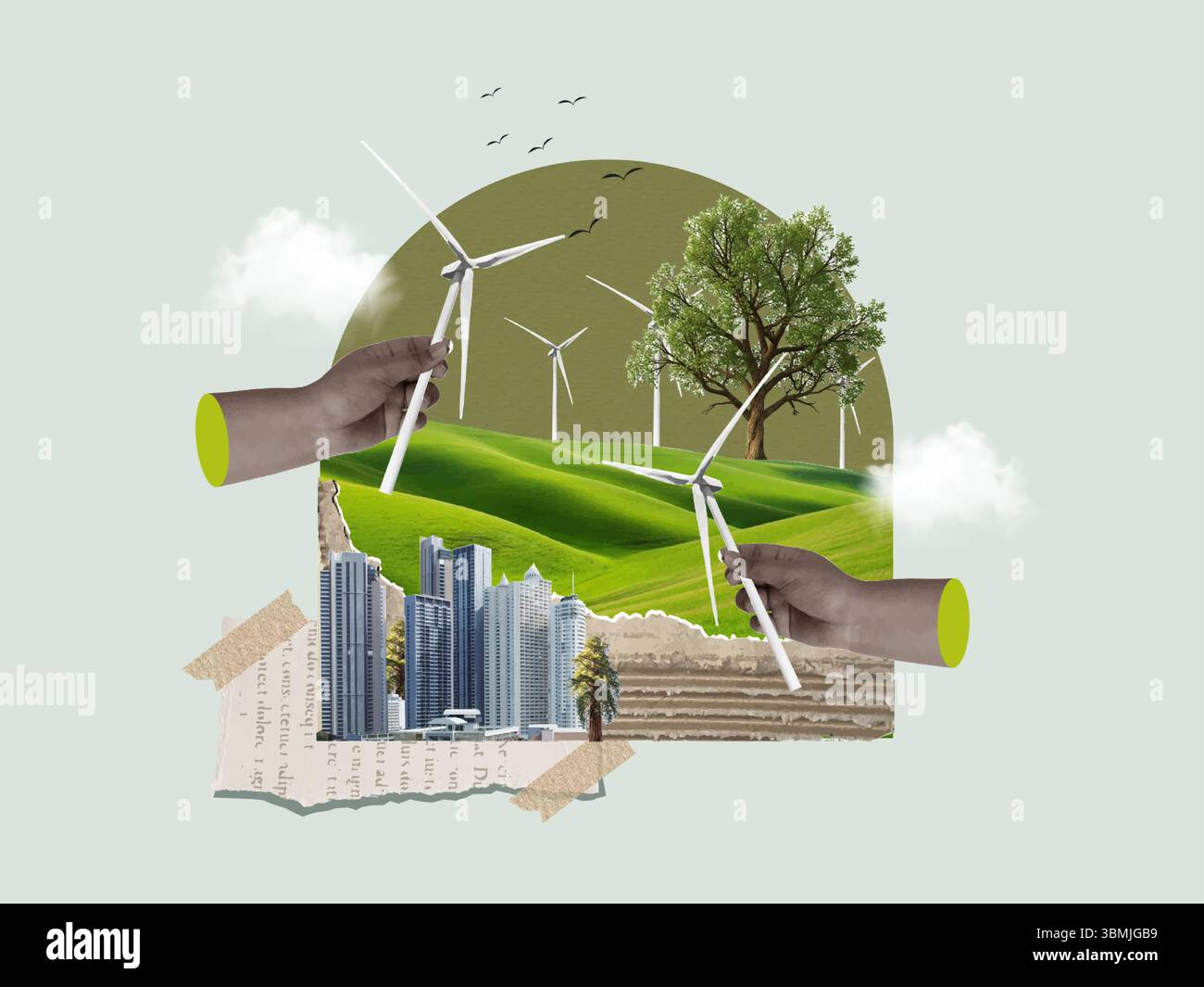 Renewable energy and sustainable practice with nature elements. Vector ...