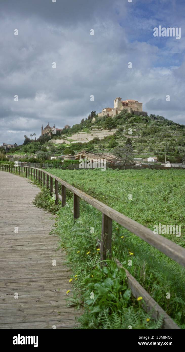 Path leading to a historic hilltop castle in arta, mallorca, surrounded ...