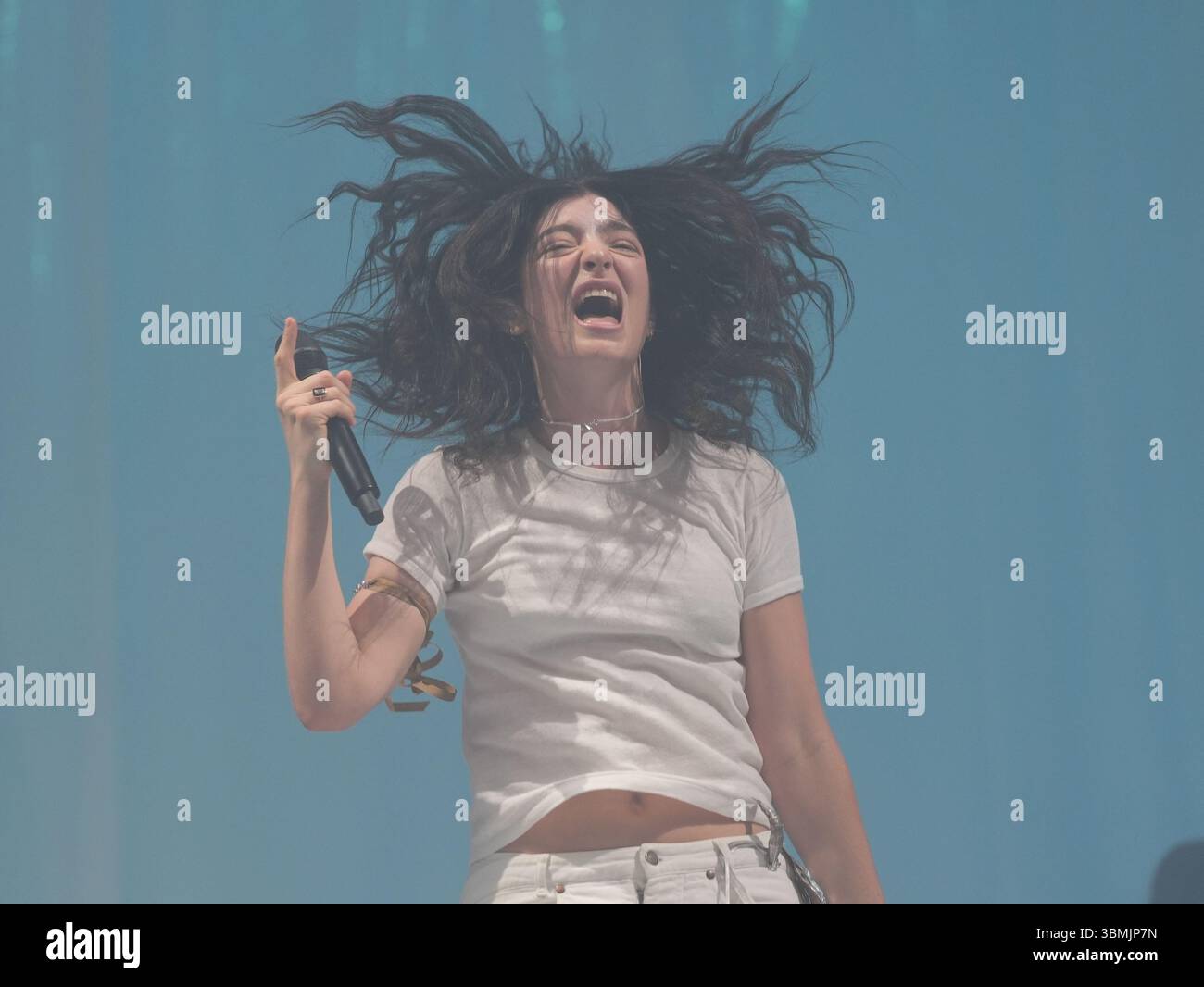 Lorde performing on the Woodsies Stage during the Glastonbury Festival ...