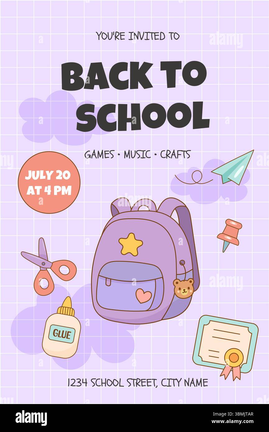 Fun school invitation design with backpack, scissors, glue and ...