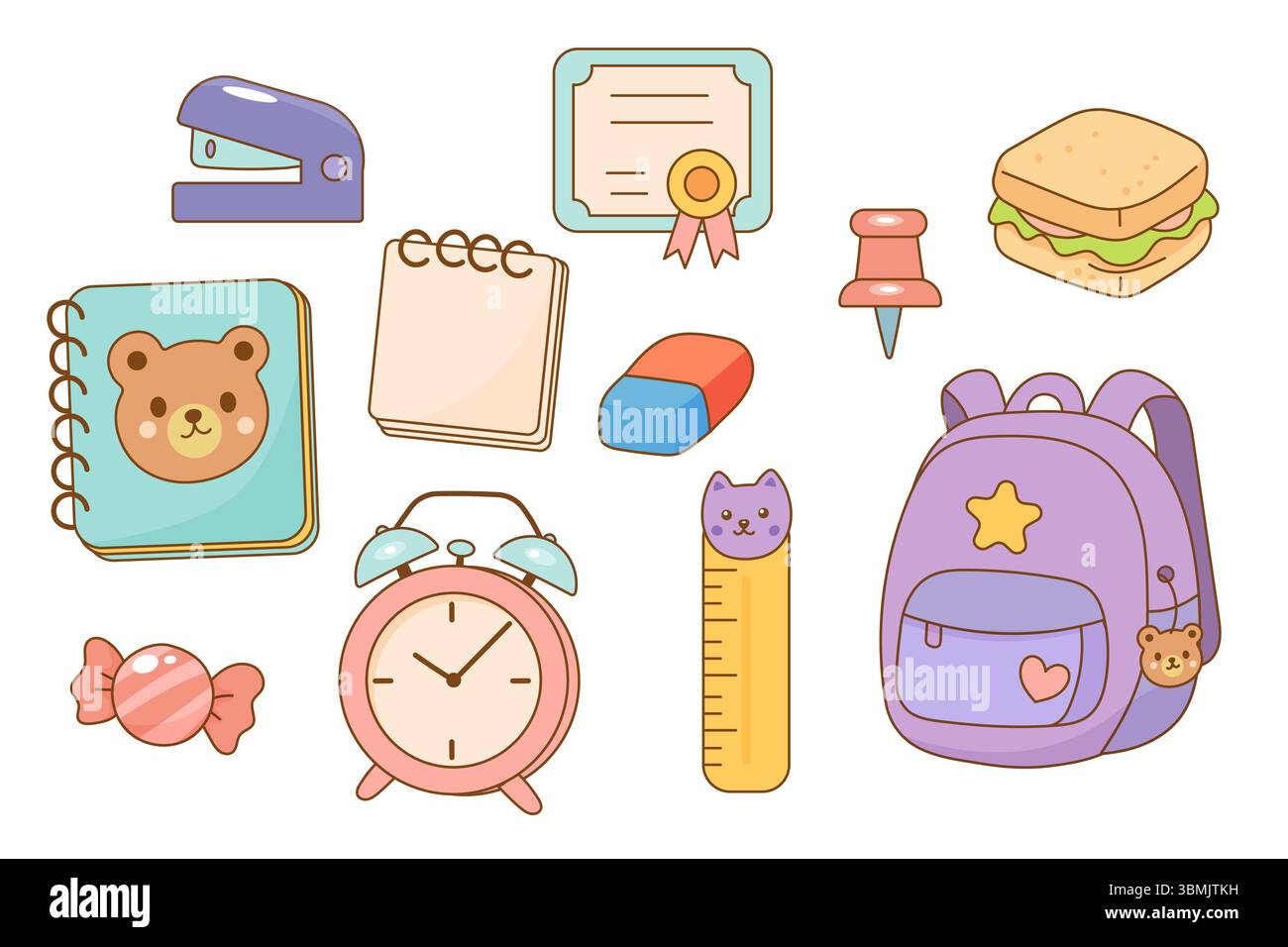 Collection of school-themed vector icons backpack, sandwich, candy ...