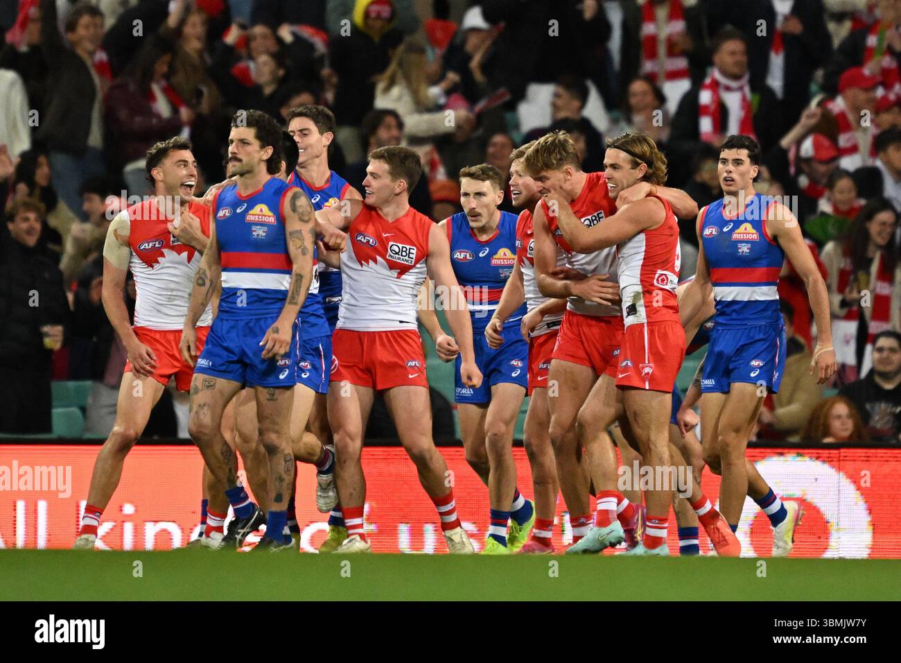 The Swans celebrates James Rowbottom’s goal during the AFL Round 16 ...
