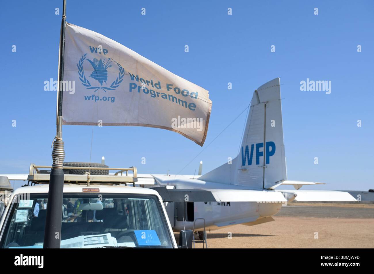 SOUTH SUDAN, Upper Nile state, town Renk, airstrip with airplane of ...