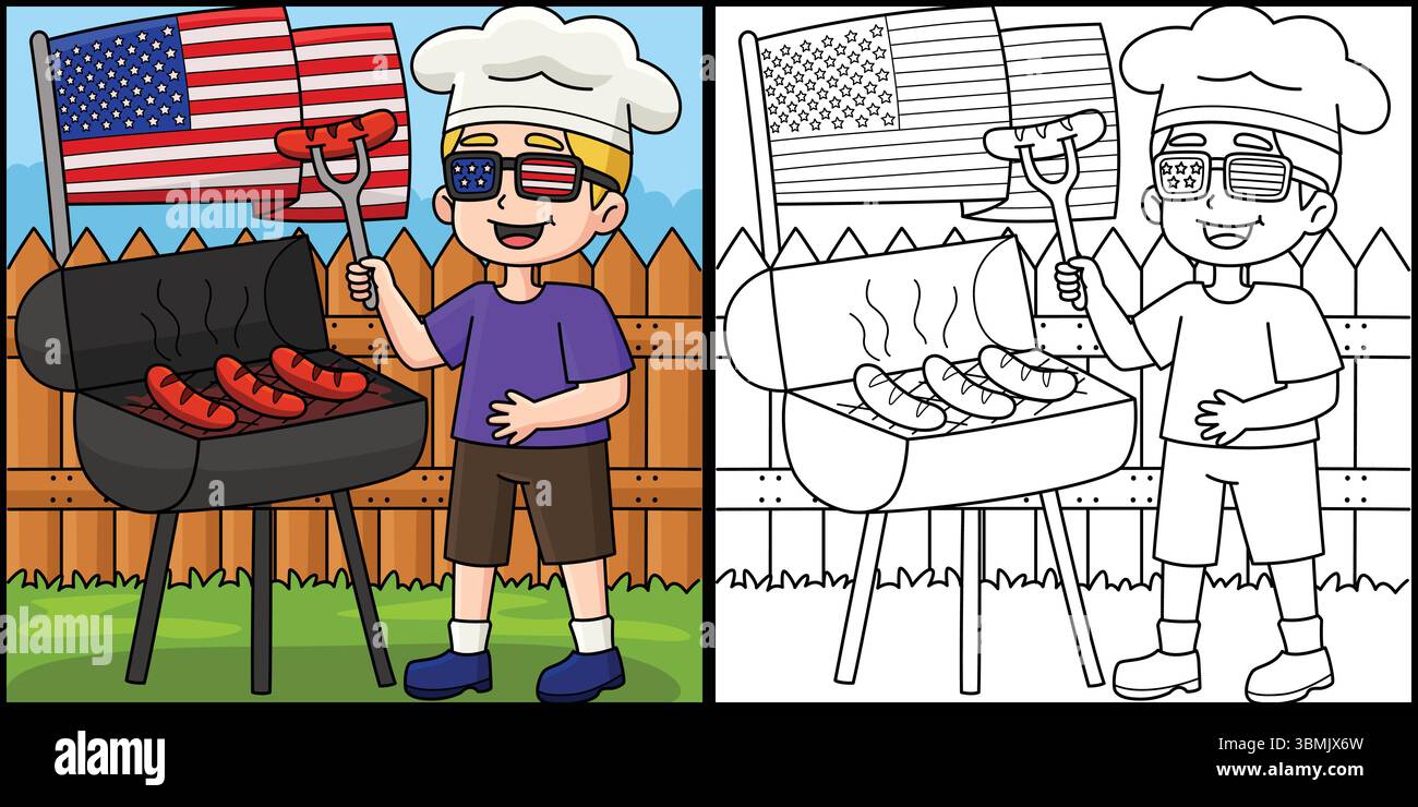 4th of July Cooking Hotdogs Coloring Illustration Stock Vector Image ...