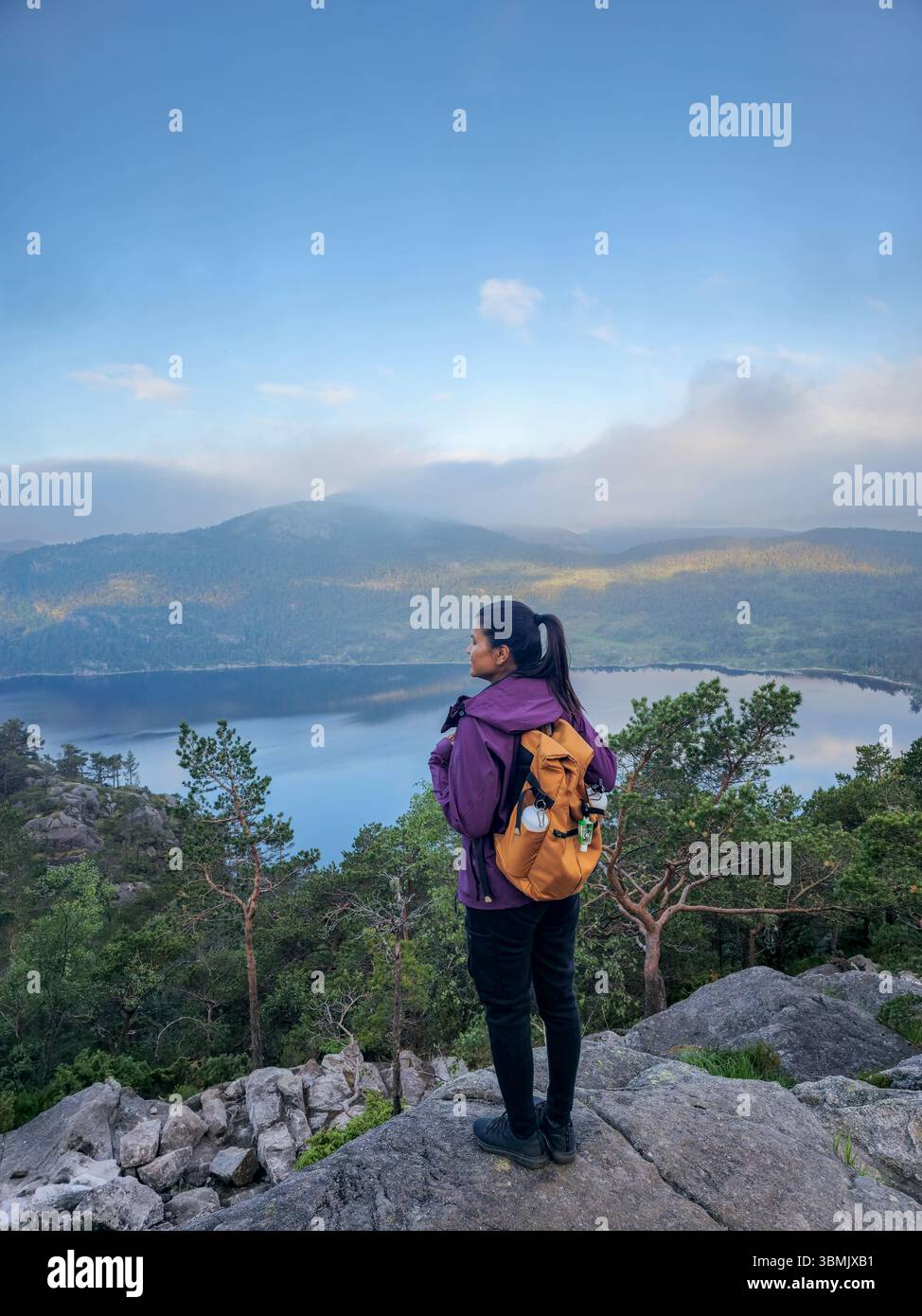 A hiker stands atop a rocky outcrop, gazing at the breathtaking ...
