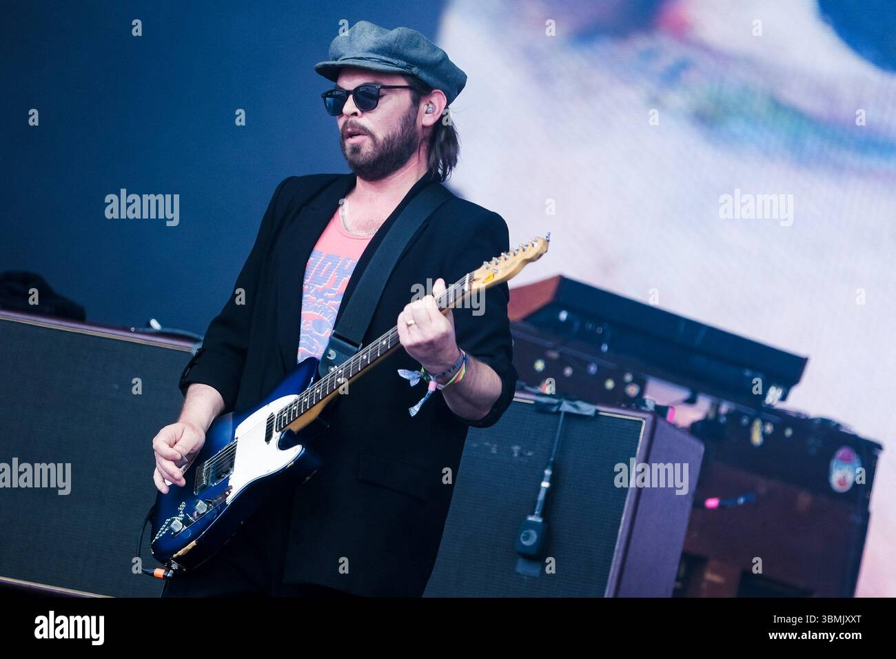 Pilton, UK. 27th June, 2025. Supergrass performs on the Pyramid Stage ...
