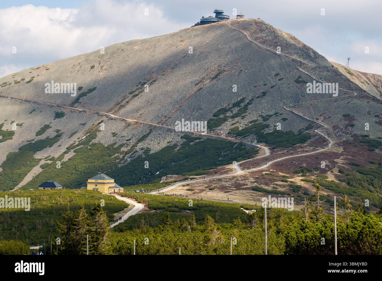 A view of Sniezka peak and the Dom Slaski mountain shelter, with the ...
