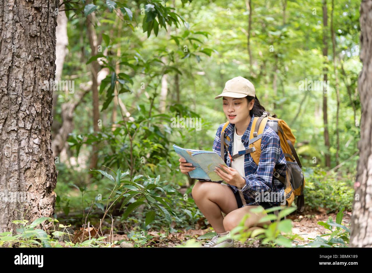 Outdoor Navigation. Hiker squatting while reading map in the woods Stock Photo - Alamy