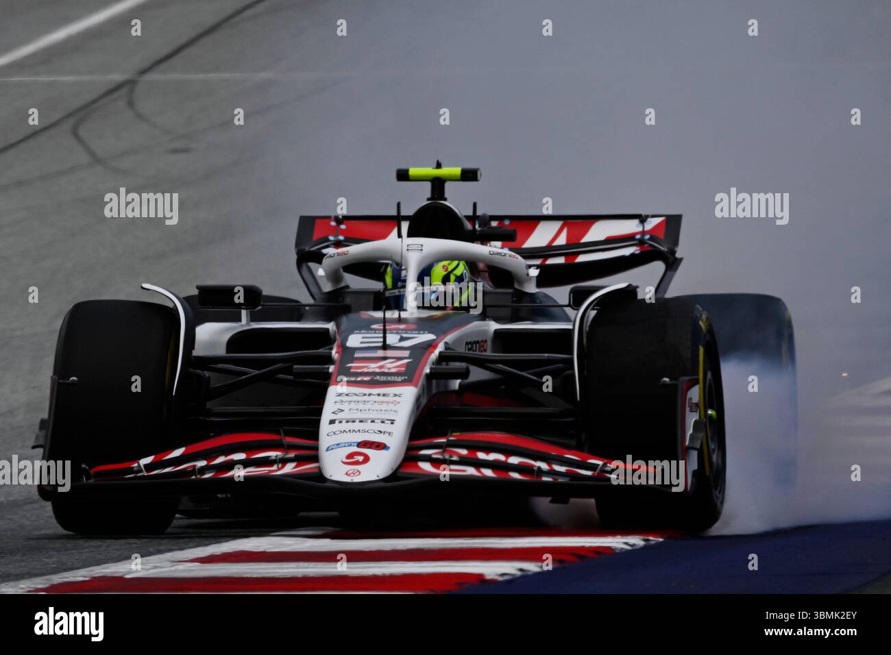 Haas driver Oliver Bearman of Britain breaks during the first free ...