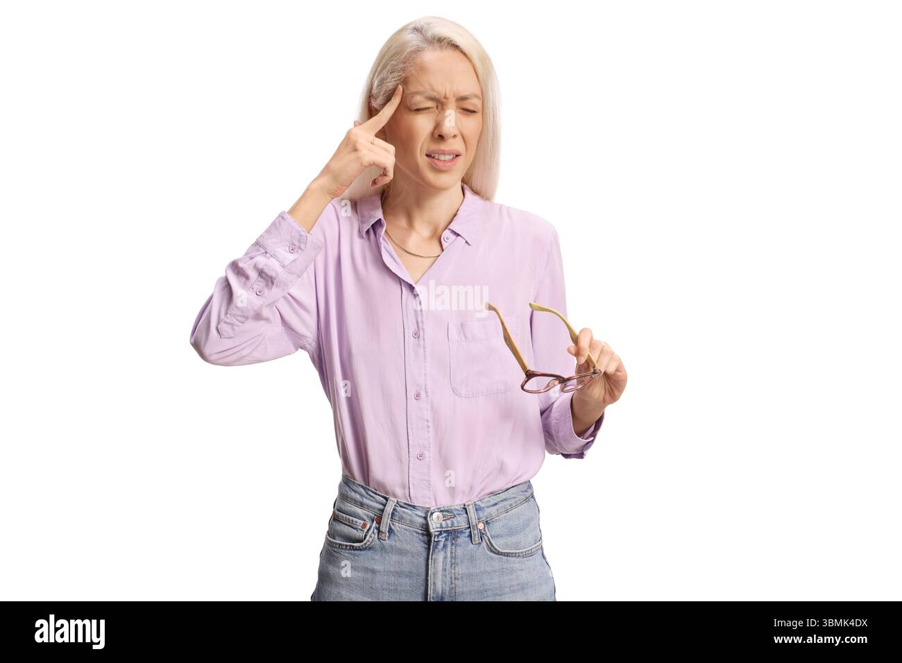 Woman holding glasses and suffering from headache isolated on white ...