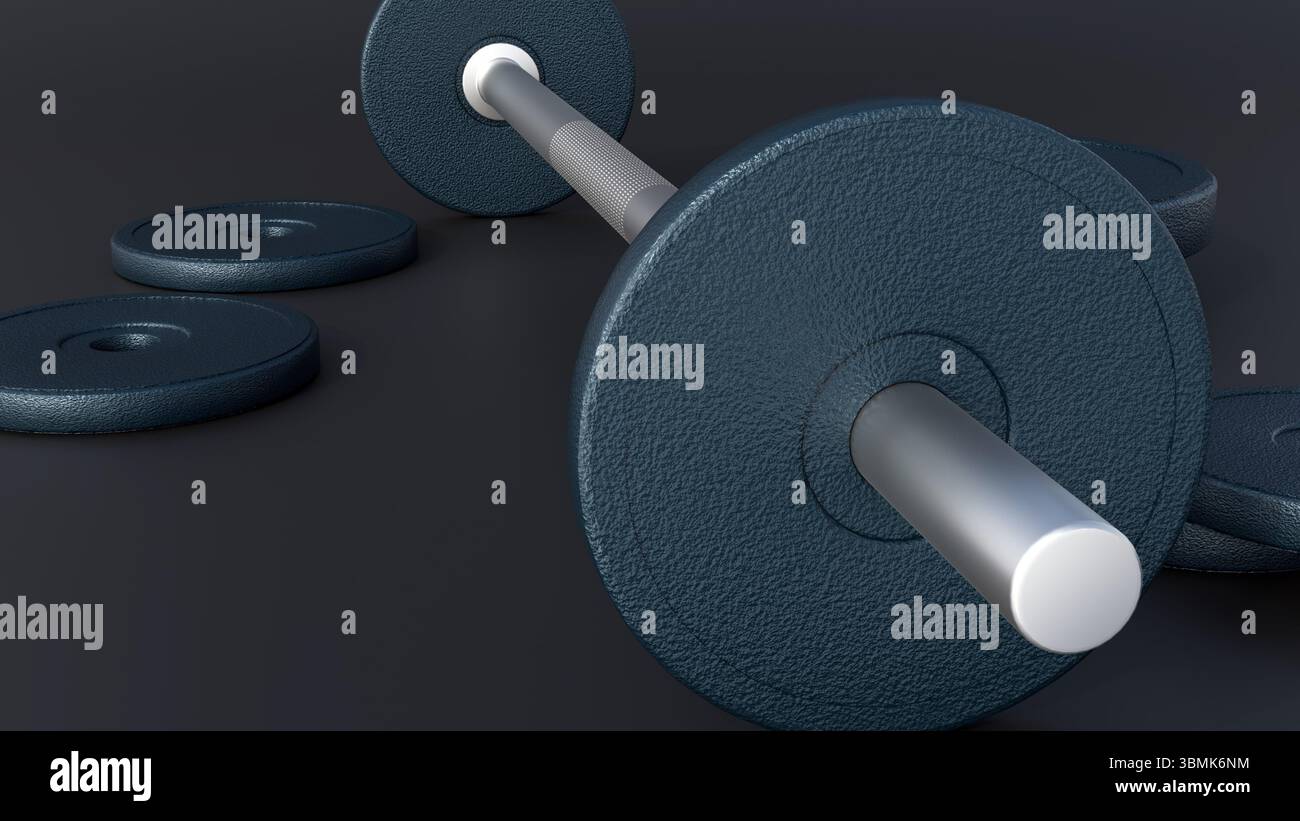 A 3d rendering of a dumbbell with several weight plates, black circular ...