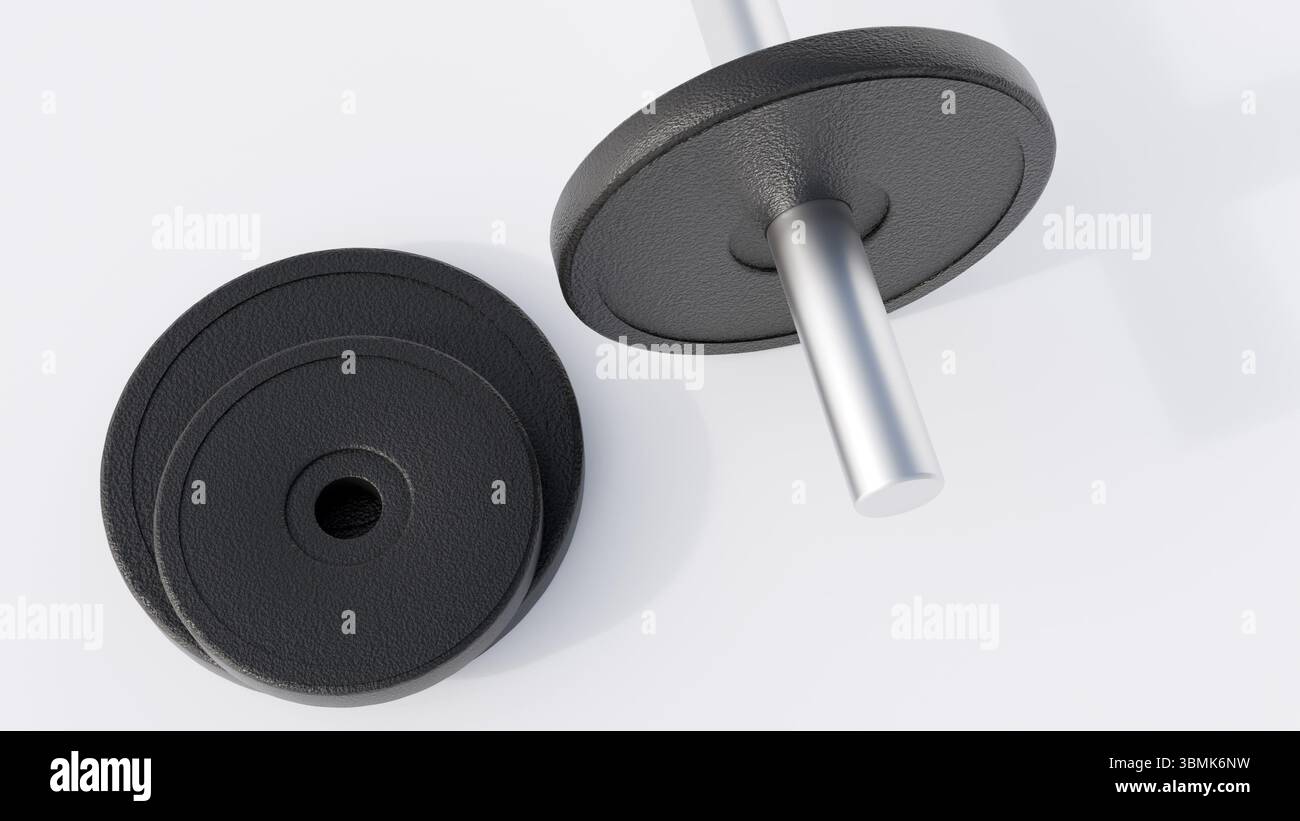 A 3d rendering of a dumbbell with several weight plates, black circular ...