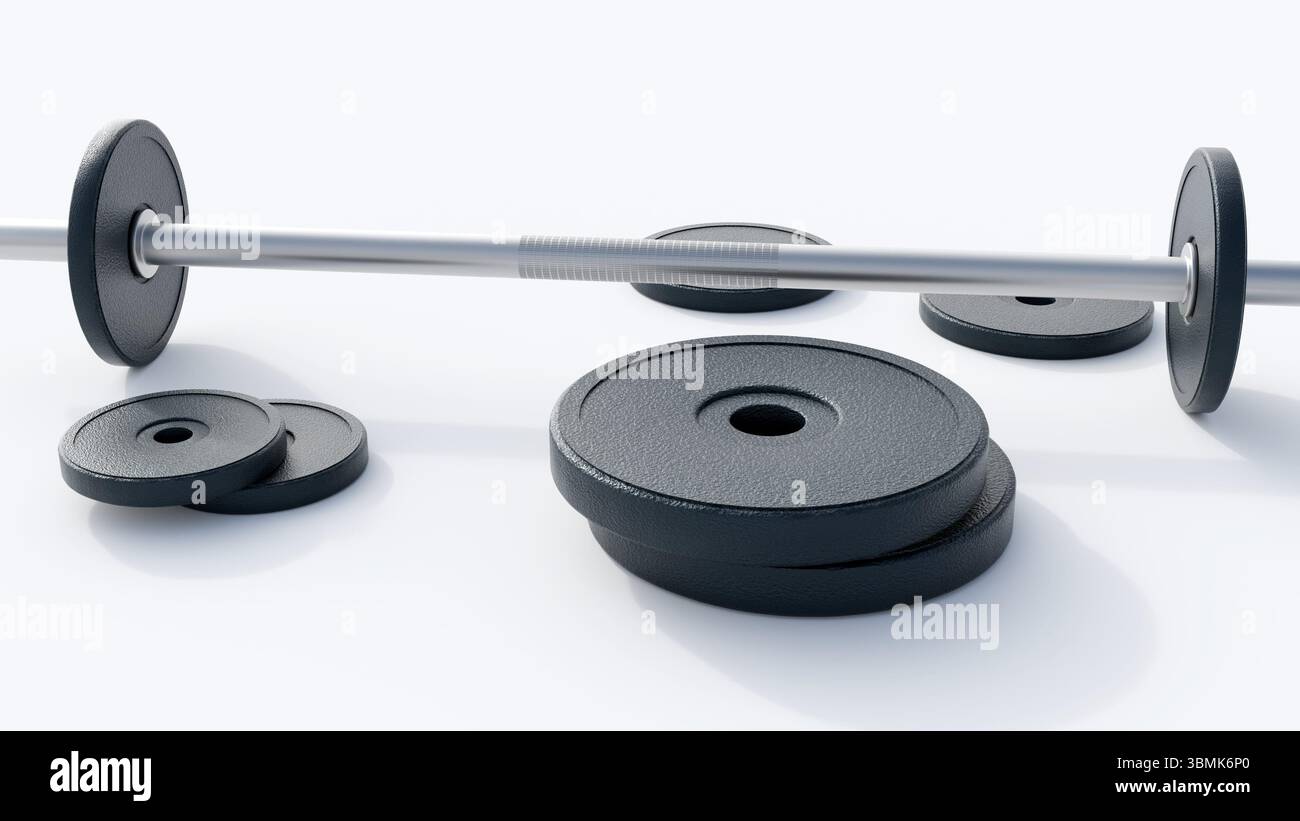 A 3d rendering of a dumbbell with several weight plates, black circular ...