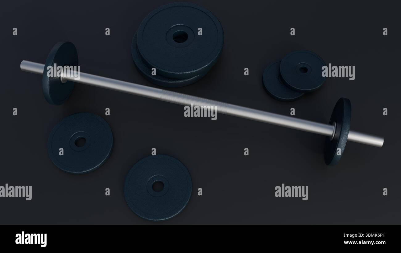 A 3d rendering of a dumbbell with several weight plates, black circular ...