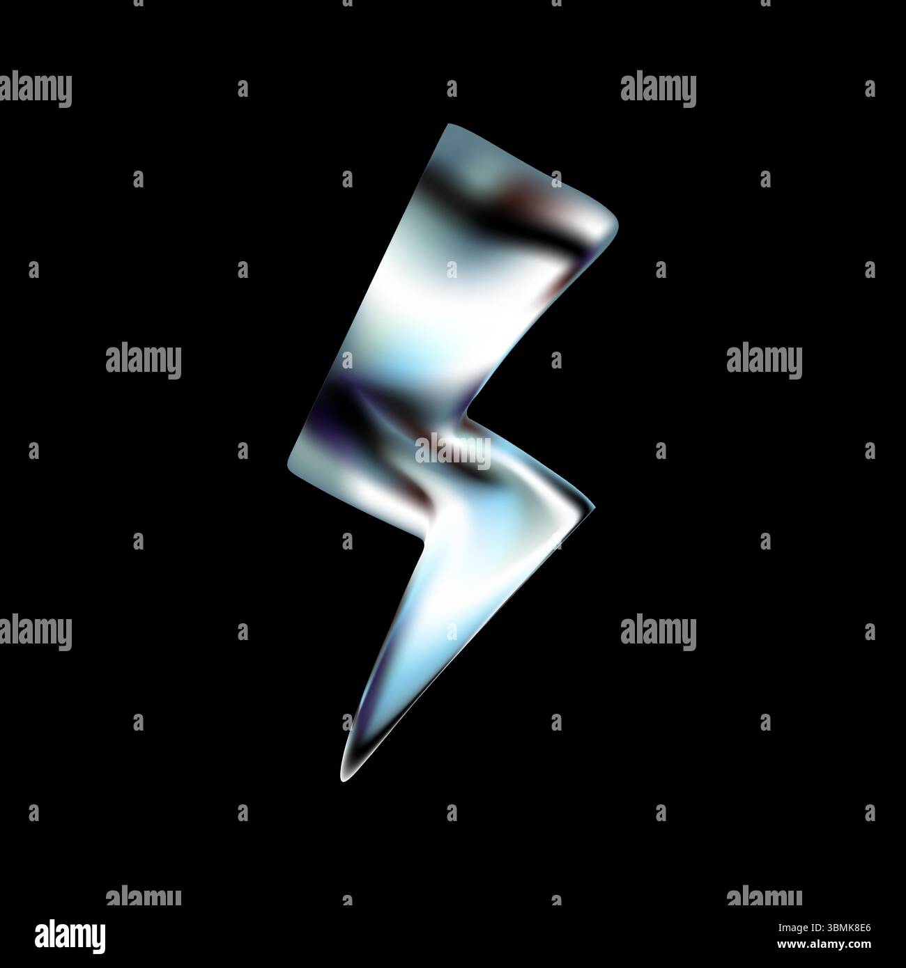 Chrome 3D thunderbolt lightning icon in Y2K style. Metallic silver ...
