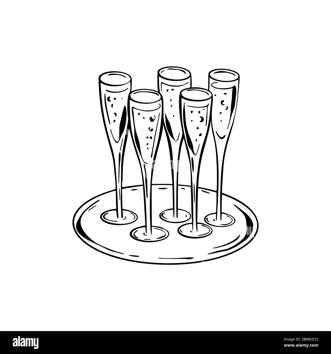 Hand drawn doodle tray with champagne glasses. Sparkling wine sketch ...