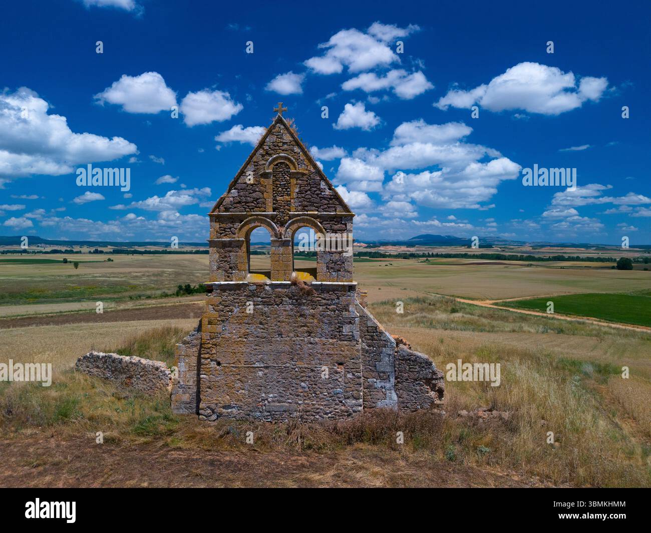 Aerial view from a drone of the ruined Romanesque church of San Jorde ...