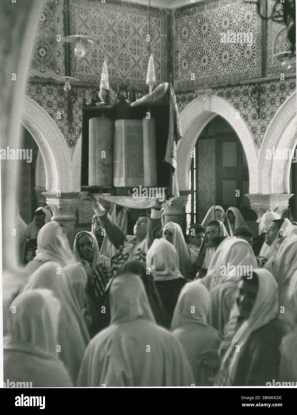 Interior of the synagogue of Djerba during a Jewish religious ceremony ...