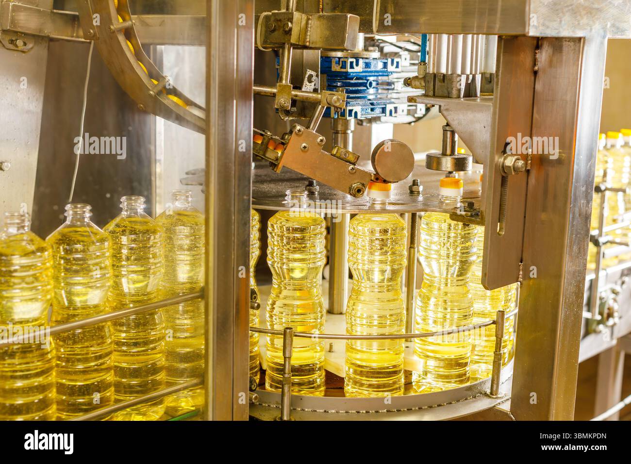 Automated sunflower oil production line in a modern factory with clear ...