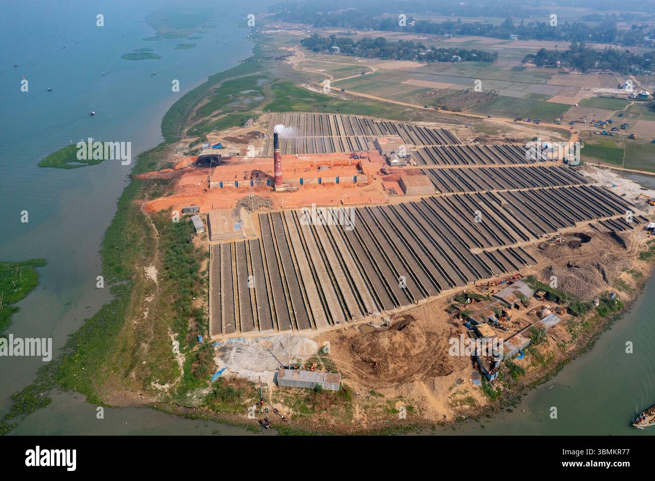 Aerial drone view of a brick field along the Meghna River in Nabinagar ...