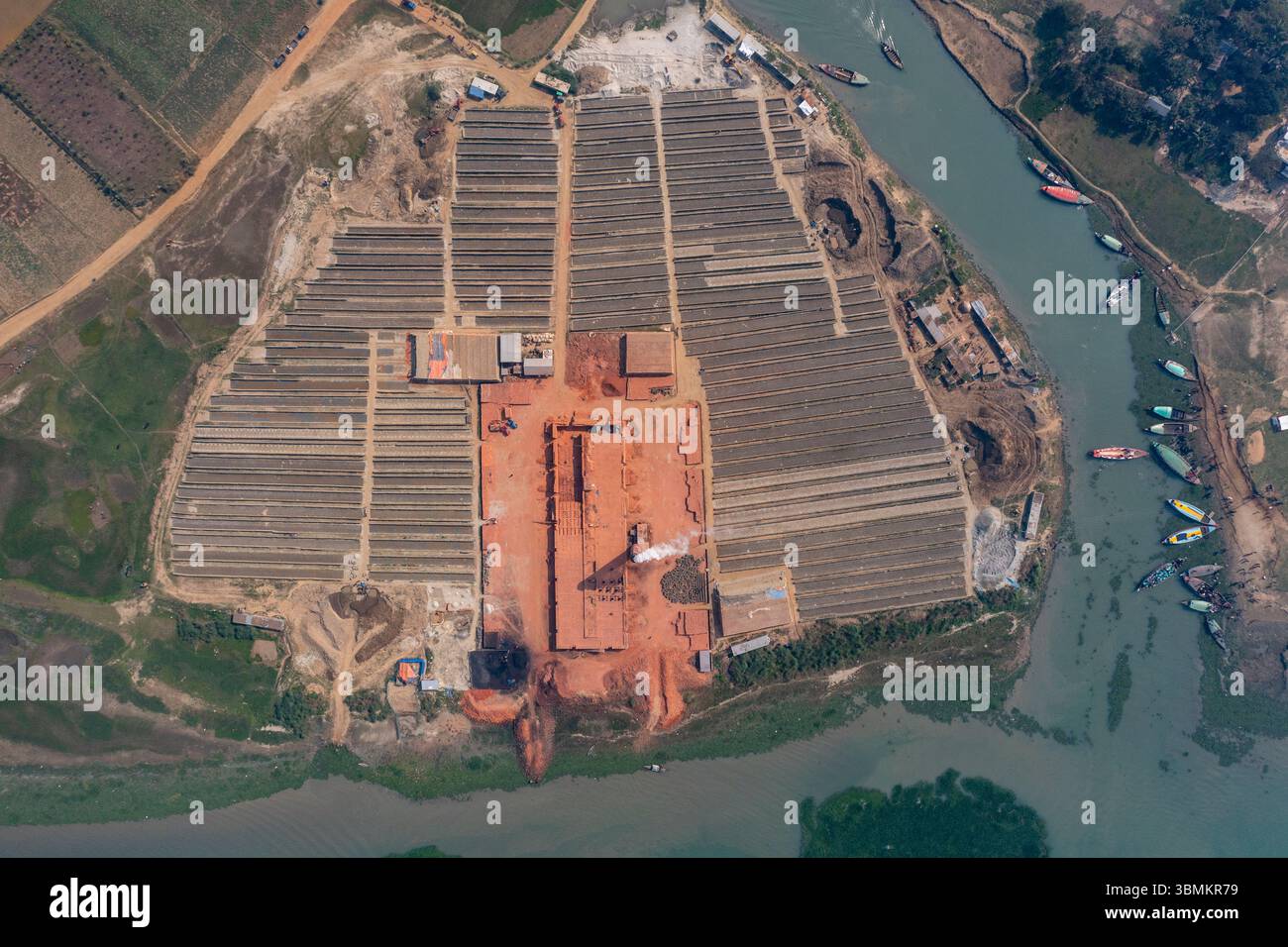Aerial drone view of a brick field along the Meghna River in Nabinagar ...
