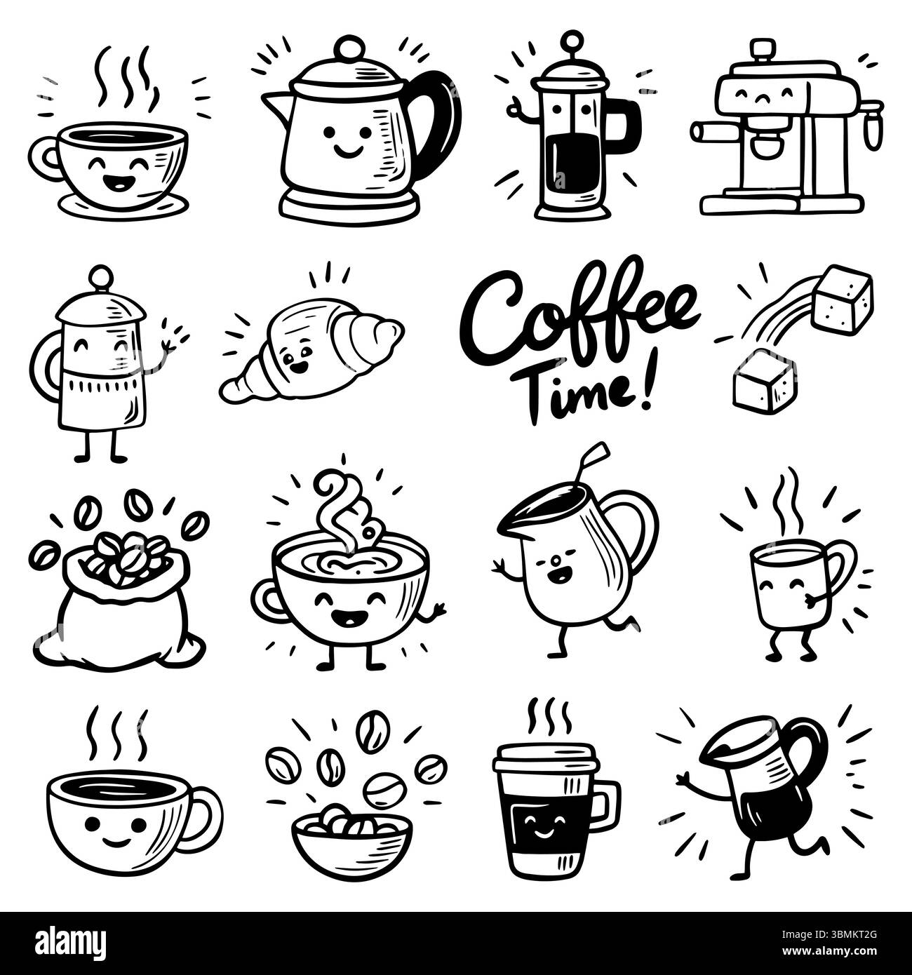 Funny cartoon characters. Coffee time illustration of cup of tea ...