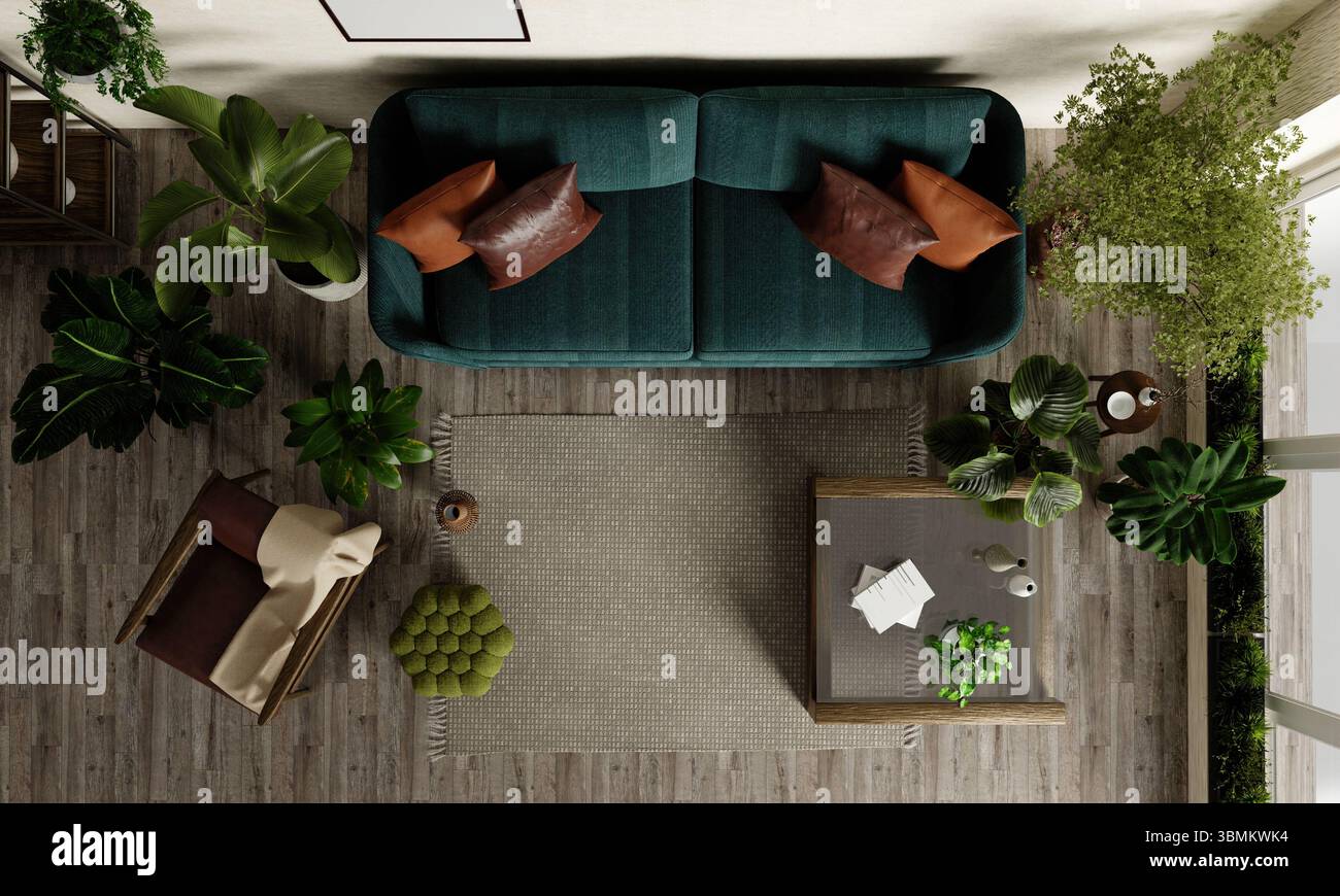 Sustainable living room interior design featuring lush greenery. 3D ...
