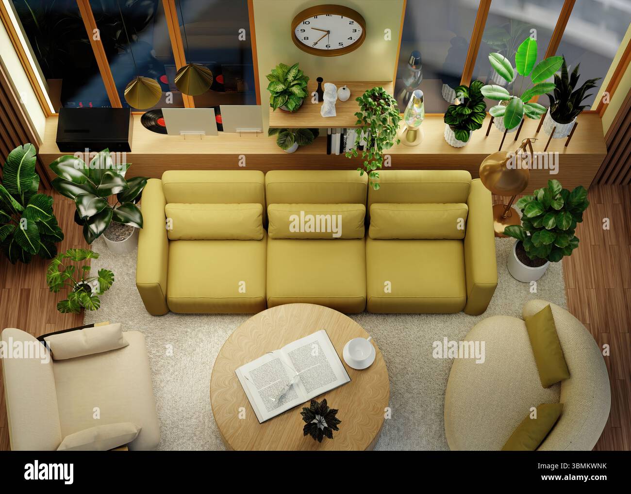 Sustainable indoor seating area with yellow tones and greenery. 3D ...