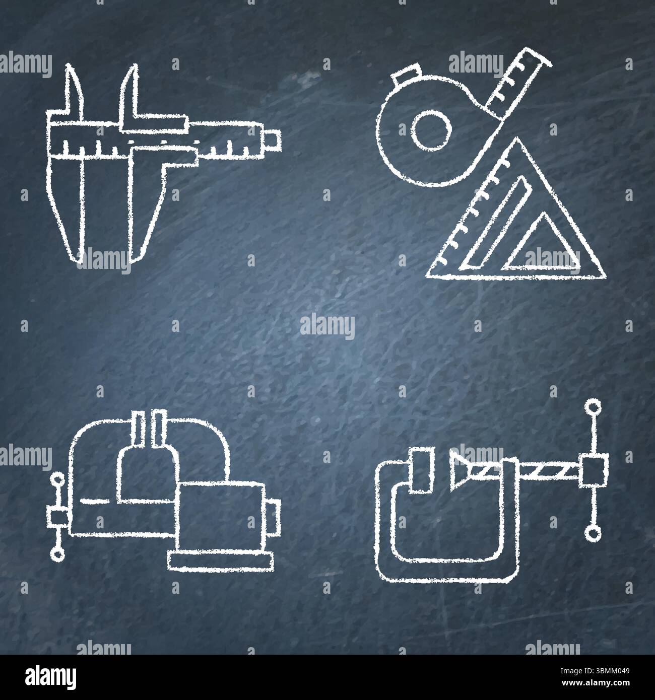 Carpenter tools chalkboard icon set. Measurement instruments and vice ...