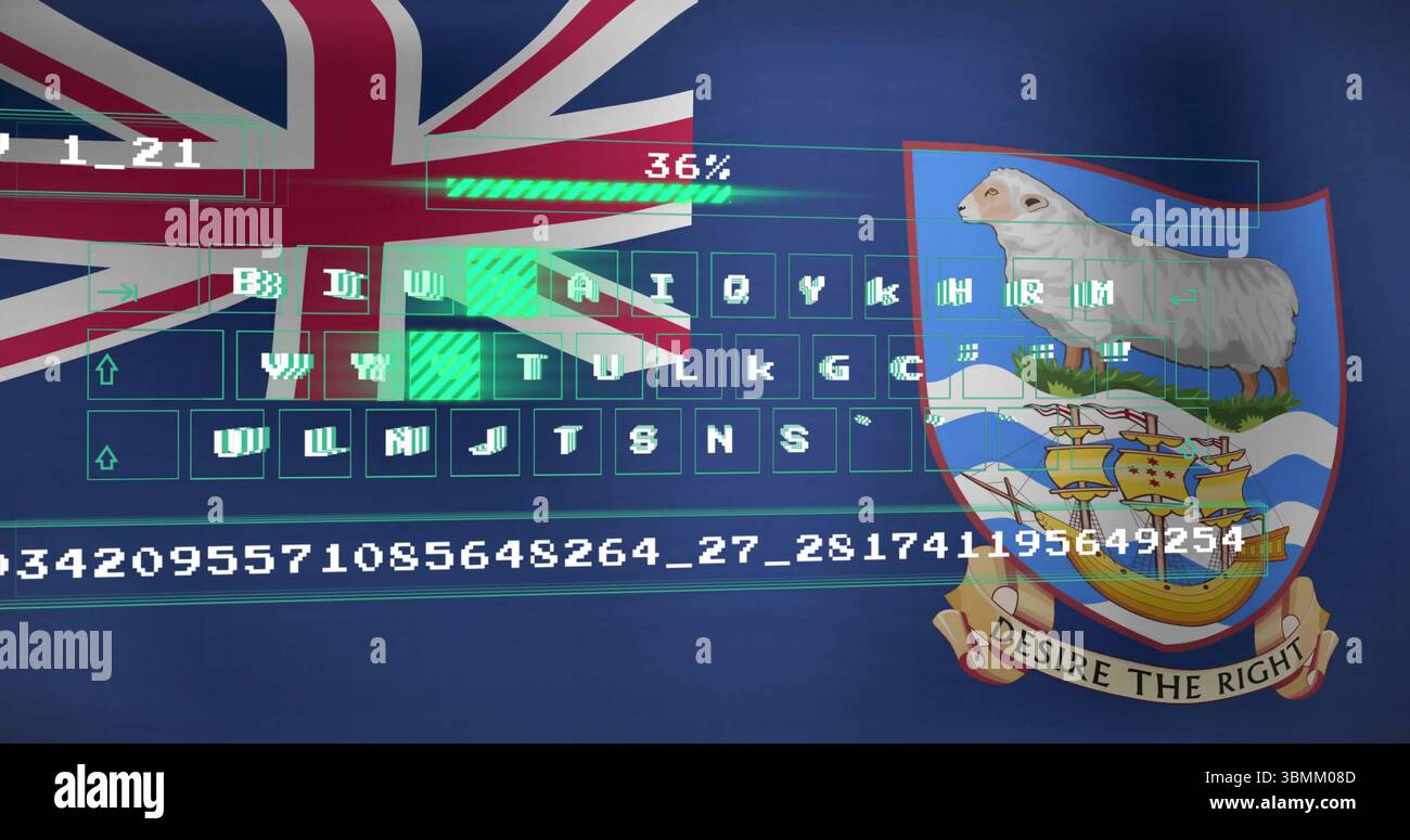 British flag and coat of arms with digital data and keyboard overlay ...