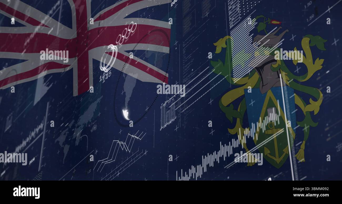 British flag and coat of arms over financial data and graphs image ...