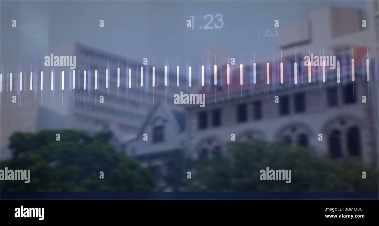 Audio waveform image over blurred city buildings and trees in ...