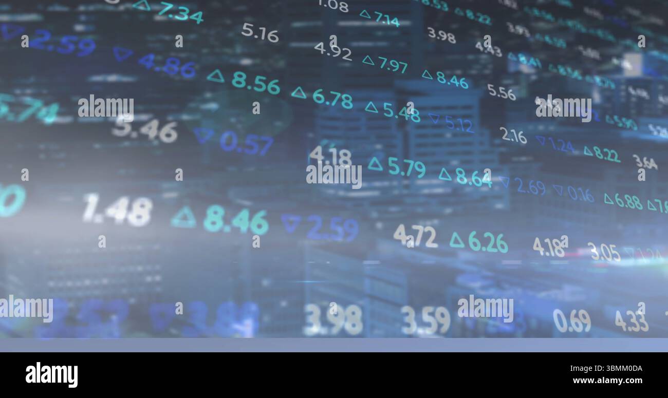 Overlaying financial data and stock market numbers on cityscape image ...