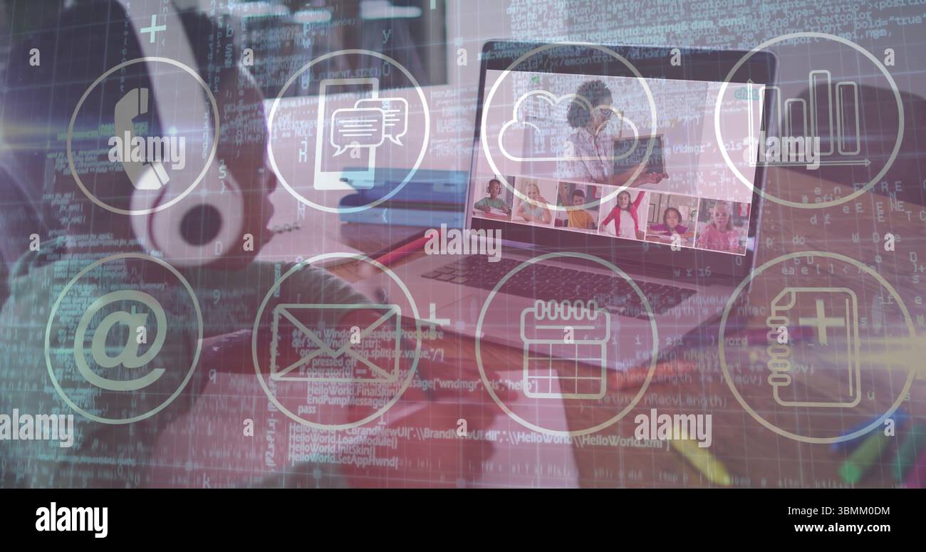 Image of digital communication icons overlaying laptop with image call ...