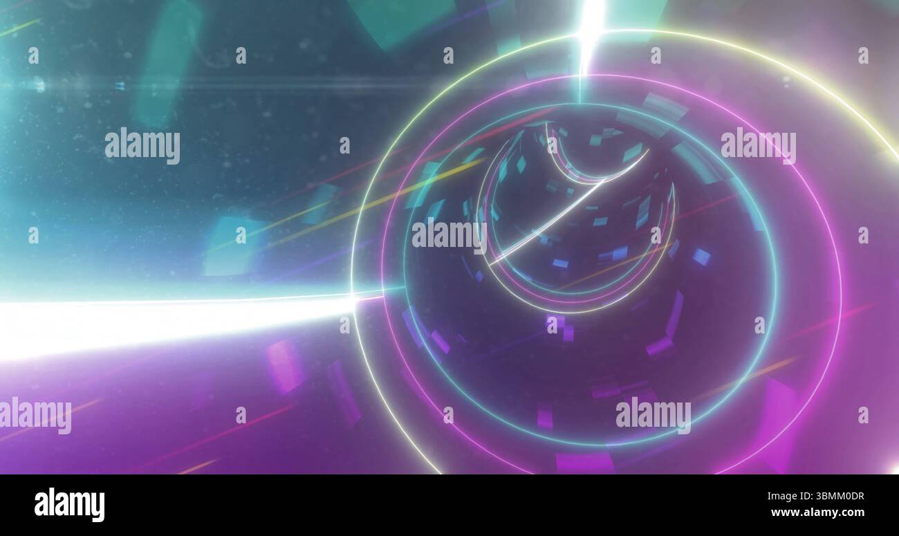 Spiraling neon rings creating tunnel in virtual space with light beams ...