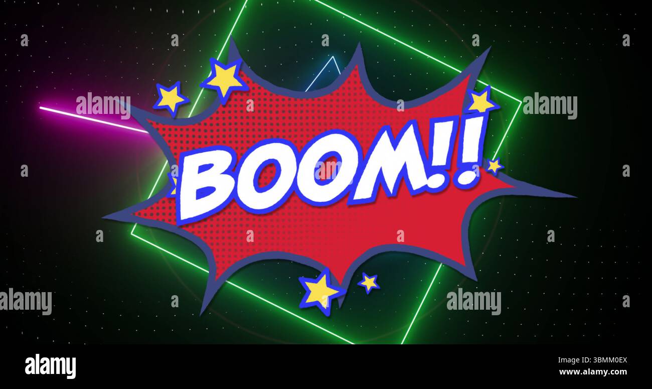 BOOM!! image with stars over colorful neon shapes and dots in school ...